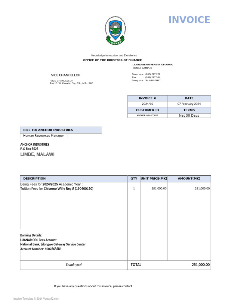 Invoice for Anchor Industries Malawi | PDF