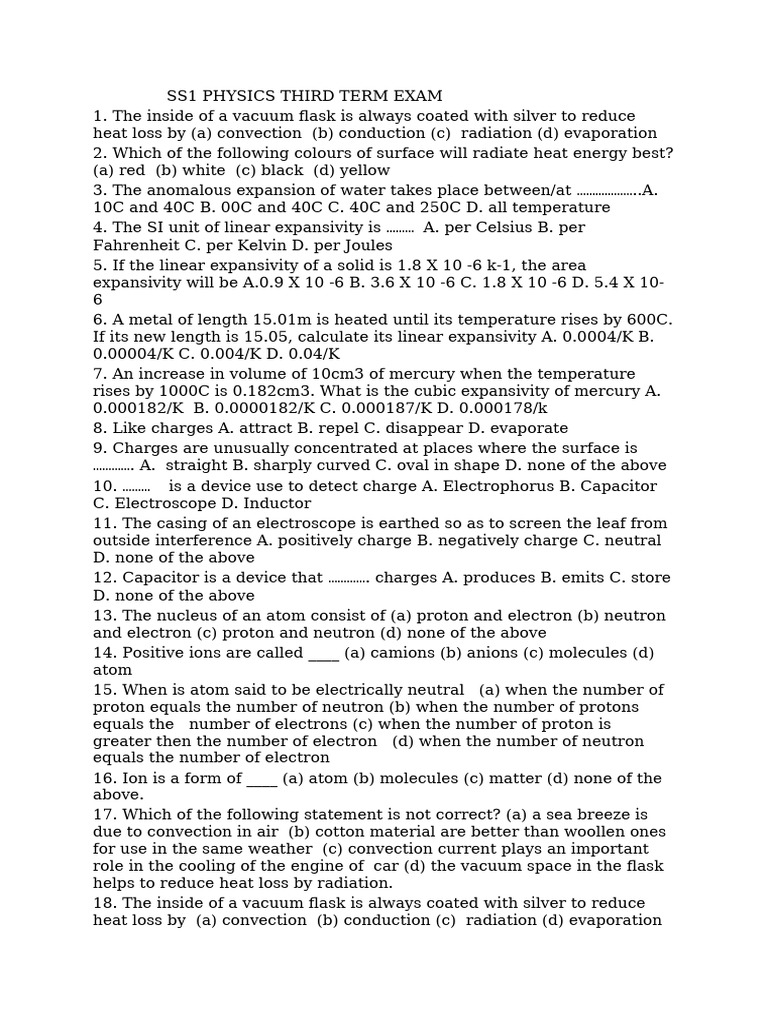 SS1 Physics Exam Questions and Answers | PDF | Acceleration | Velocity