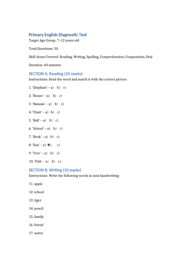 Primary English Diagnostic Test Guide | PDF