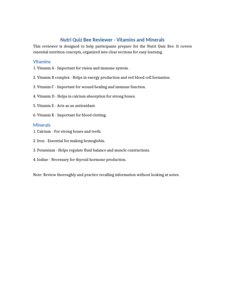Nutri Quiz Bee: Vitamins & Minerals Guide | PDF