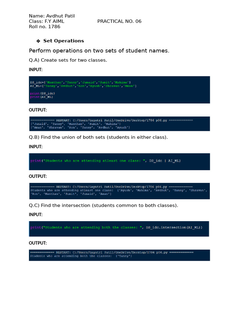 Set Operations in Student Names | PDF