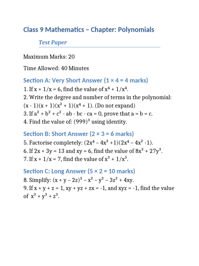Class 9 Polynomials Test | PDF