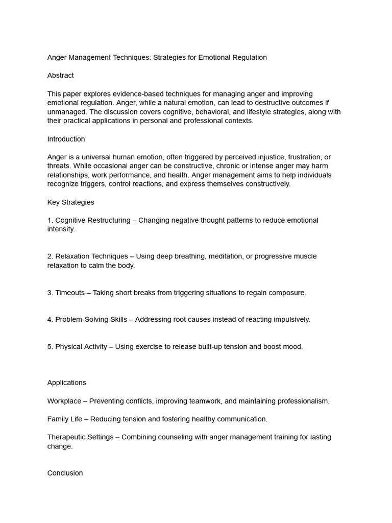 Anger Management Techniques - Strategies For Emotional Regulation | PDF