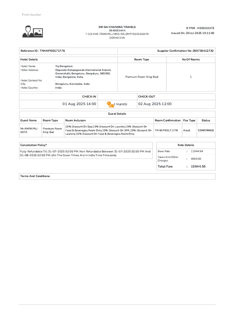 Taj Bangalore Voucher Confirmation | PDF