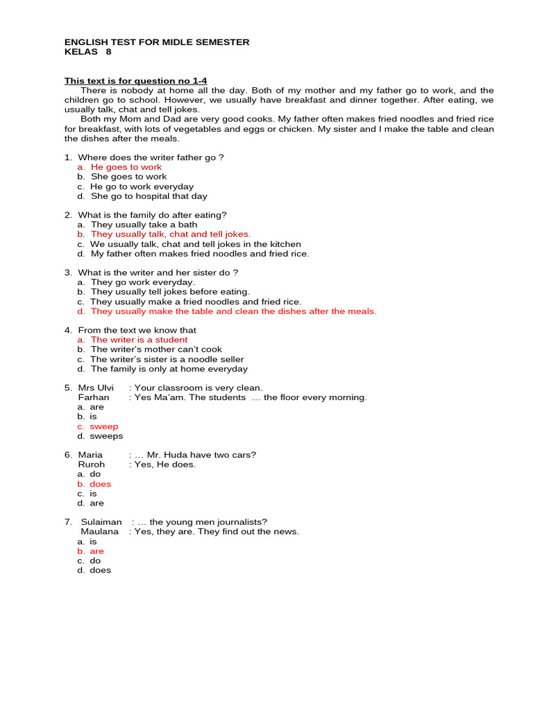 English Mid-Semester Test for Grade 8 | PDF | Meal