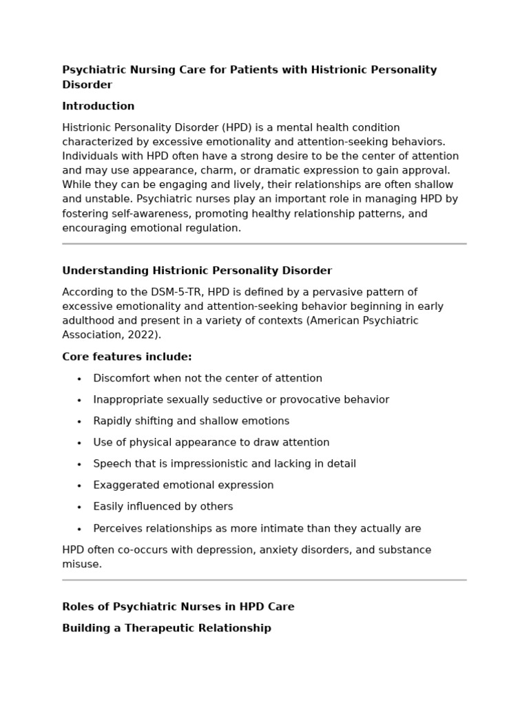 Nursing Care for Histrionic Personality Disorder | PDF | Mental ...