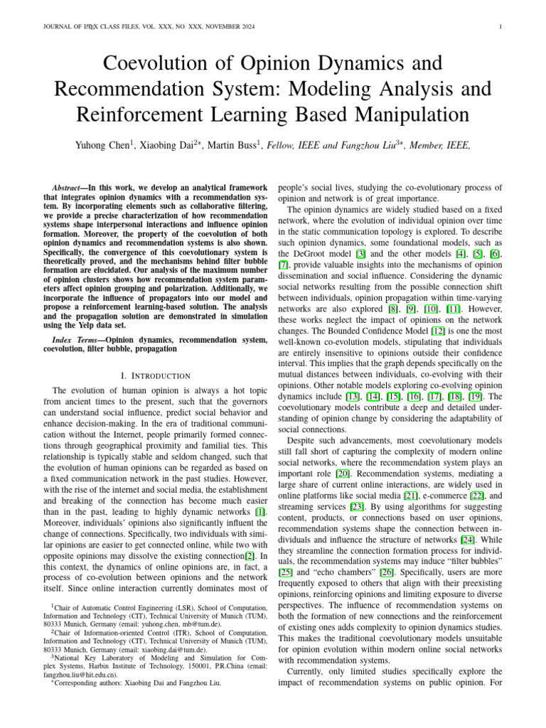Coevolution of Opinion Dynamics & Recommendations | PDF