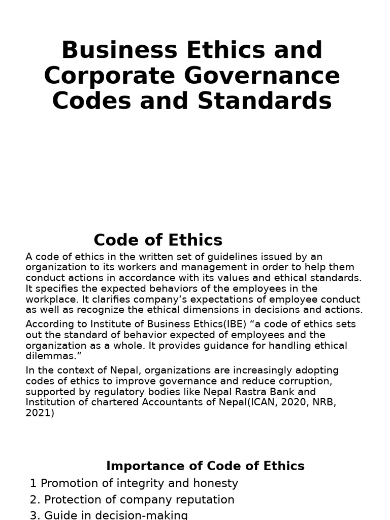 Business Ethics and Corporate Governance Codes and Standards | PDF ...