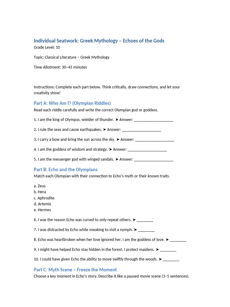 Individual Seatwork GreekMyth Echo Olympians Grade10 | PDF | Twelve ...