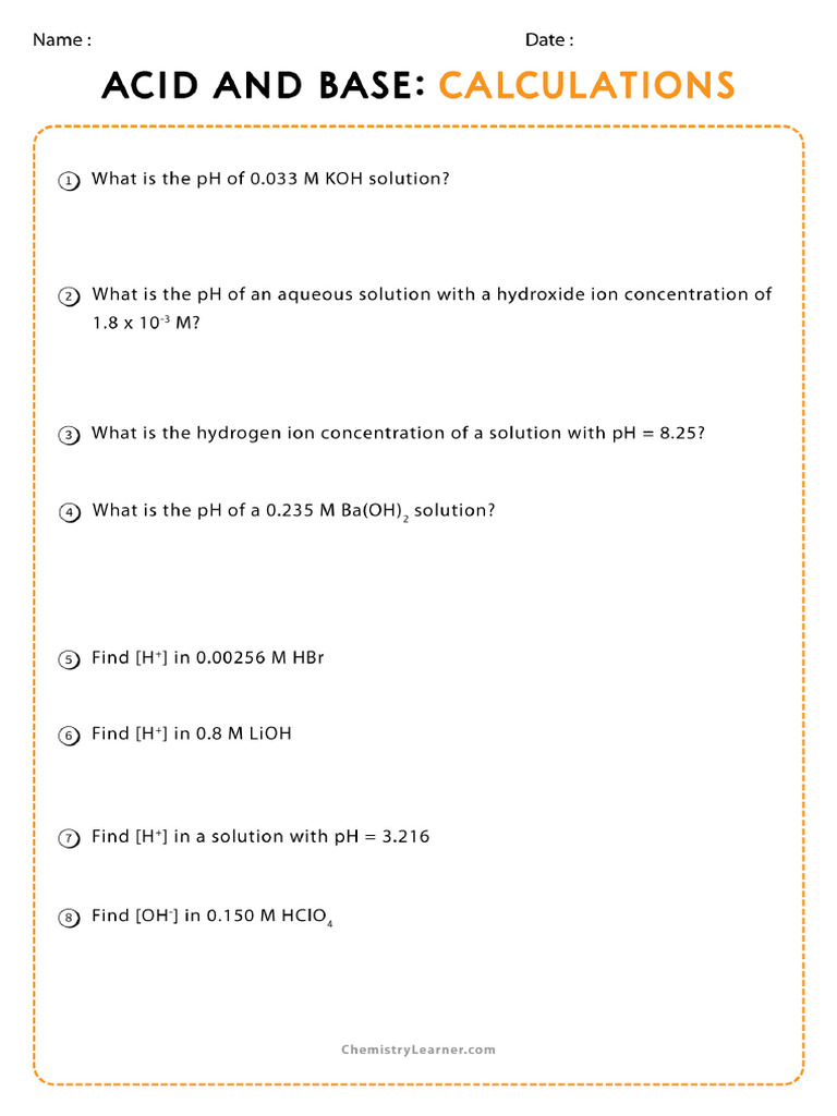 Acid Base Calculations Chemistry Worksheet | PDF