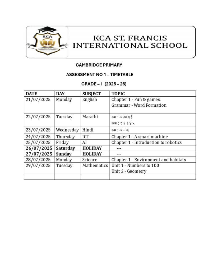 Grade I Assessment Timetable 2025-26 | PDF