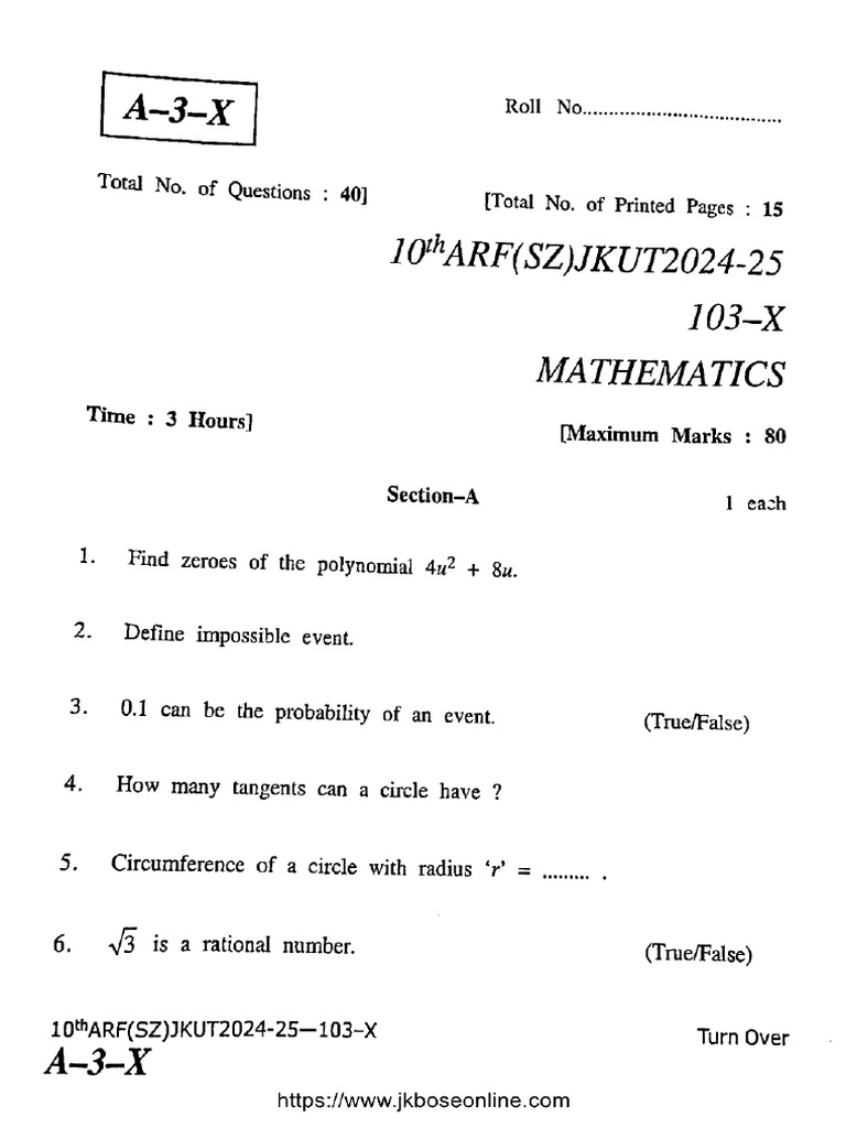 Class 10 JKBose Maths Previous Papers | PDF | Circle | Area