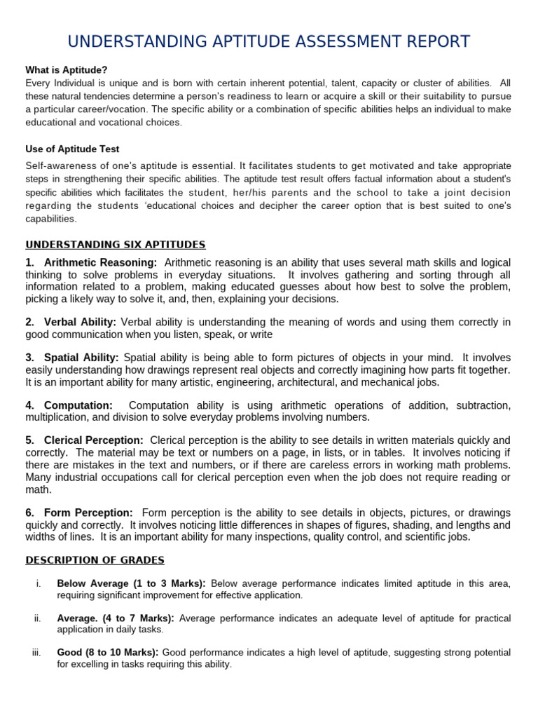 Aptitude Assessment Report Overview | PDF | Reason | Arithmetic