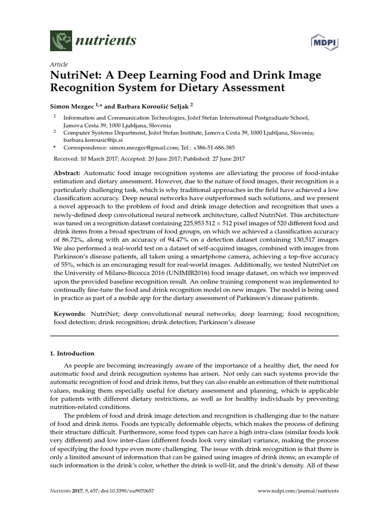 NutriNet A Deep Learning Food and Drink Image Reco | PDF | Deep ...