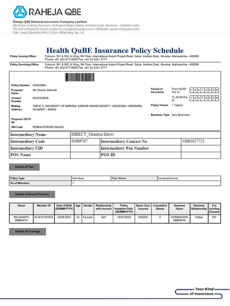 Health Qube Insurance Policy Schedule: Direct - Mumbai Direct 01009767 ...