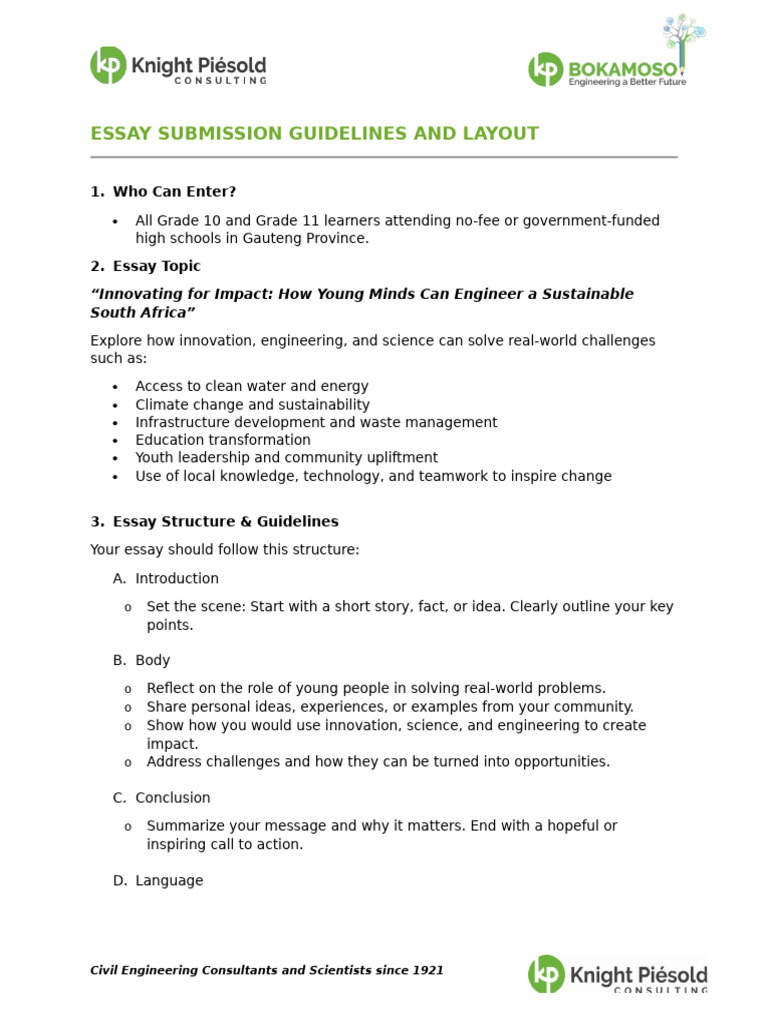 Knight Piésold Bokamoso Creative Essay Competition 2025 - EnTRY FORM ...