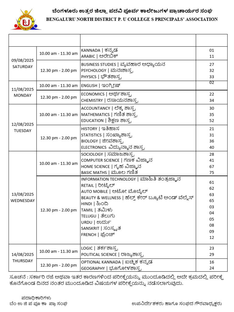 I and II Puc First Quarterly Test Time-Table 2025 - 250713 - 072457 | PDF