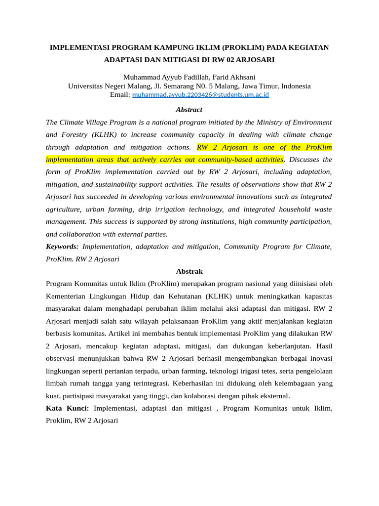 ProKlim RW 2 Arjosari: Adaptasi & Mitigasi | PDF