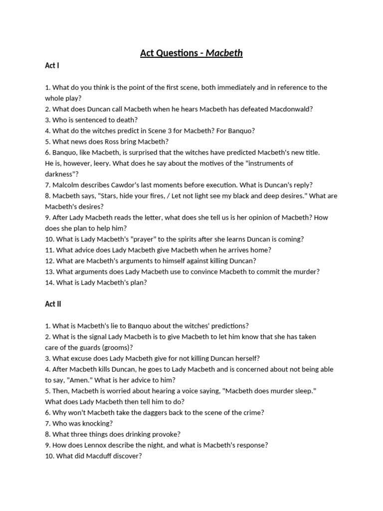 Act Questions - Macbeth | PDF | Macbeth | Shakespearean Tragedies