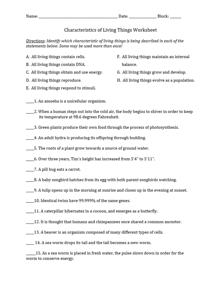 Characteristics of Living Things Worksheet | PDF