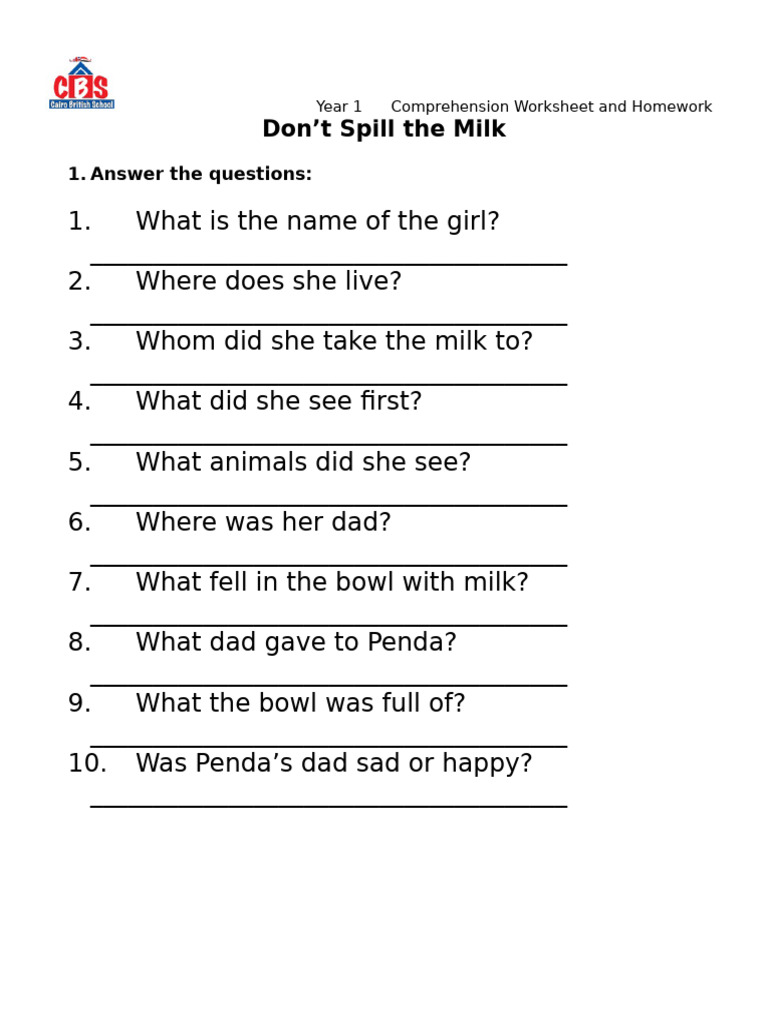 Don’t Spill the Milk: Year 1 Worksheet | PDF