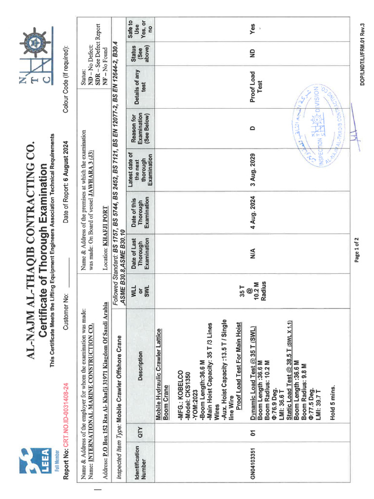 Crawler Crane Load Test Certificate - Due Date 3 Aug 2029 | PDF