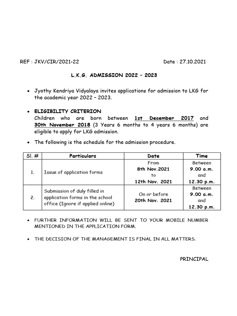 LKG Application Circular | PDF