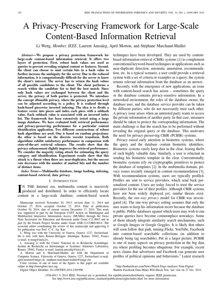 A Privacy-Preserving Framework For Large-Scale Content-Based Information Retrieval | PDF ...