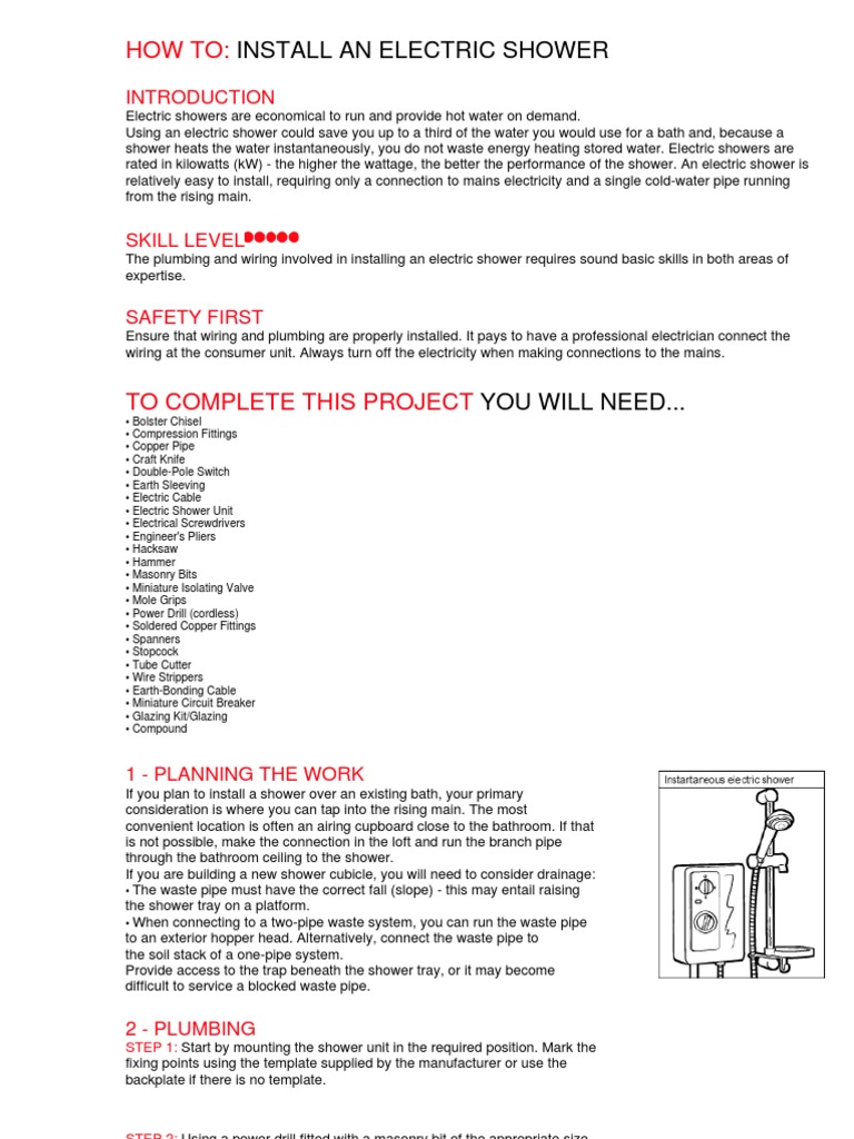 Electric Shower Installation Guide | PDF | Electrical Wiring | Water ...