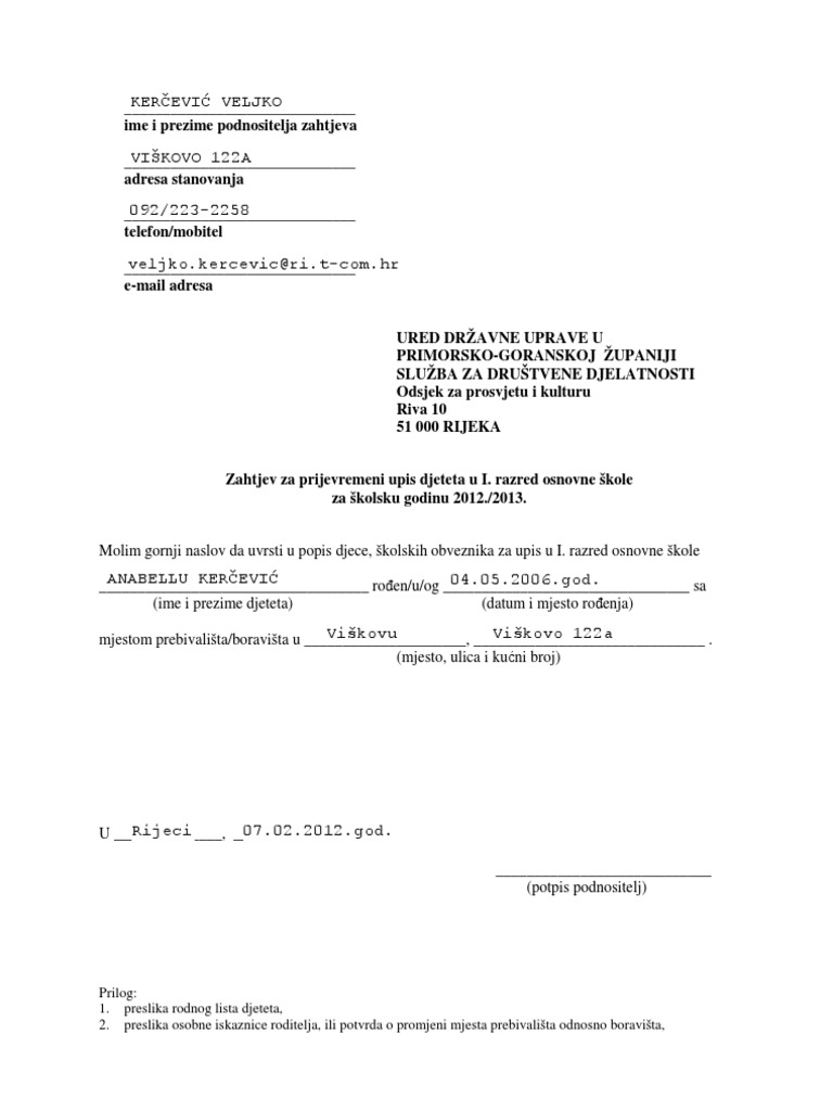 Obrazac Zahtjeva Za Prijevremeni Upis | PDF