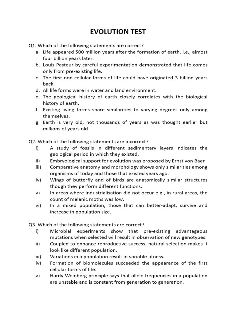 Evolution Test: Assessing Key Concepts | PDF | Evolution | Natural ...