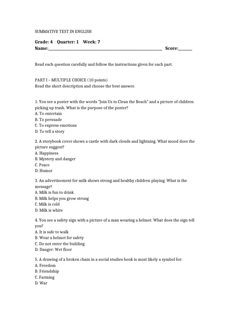 Grade 4 English Summative Test Guide | PDF