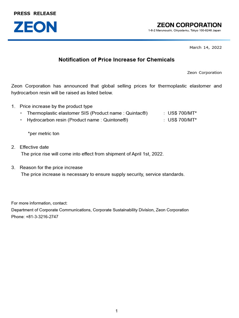 Zeon Chemicals Price Increase Announcement | PDF