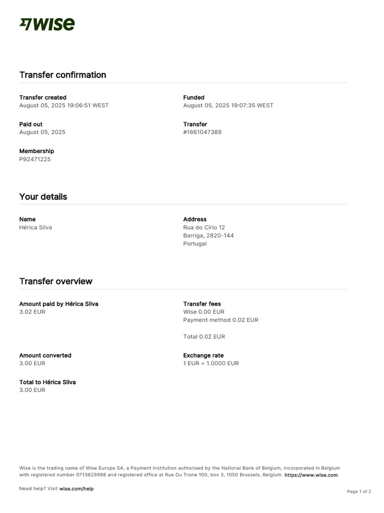 Wise Transfer Confirmation Transfer 1661047389 6006723205 PT | PDF ...
