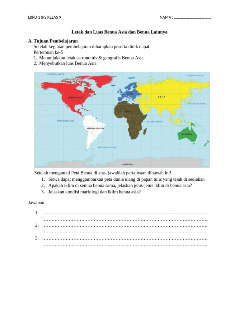 LKPD KELAS 9 Letak Dan Luas Benua Asia Dan Benua Lainnya | PDF