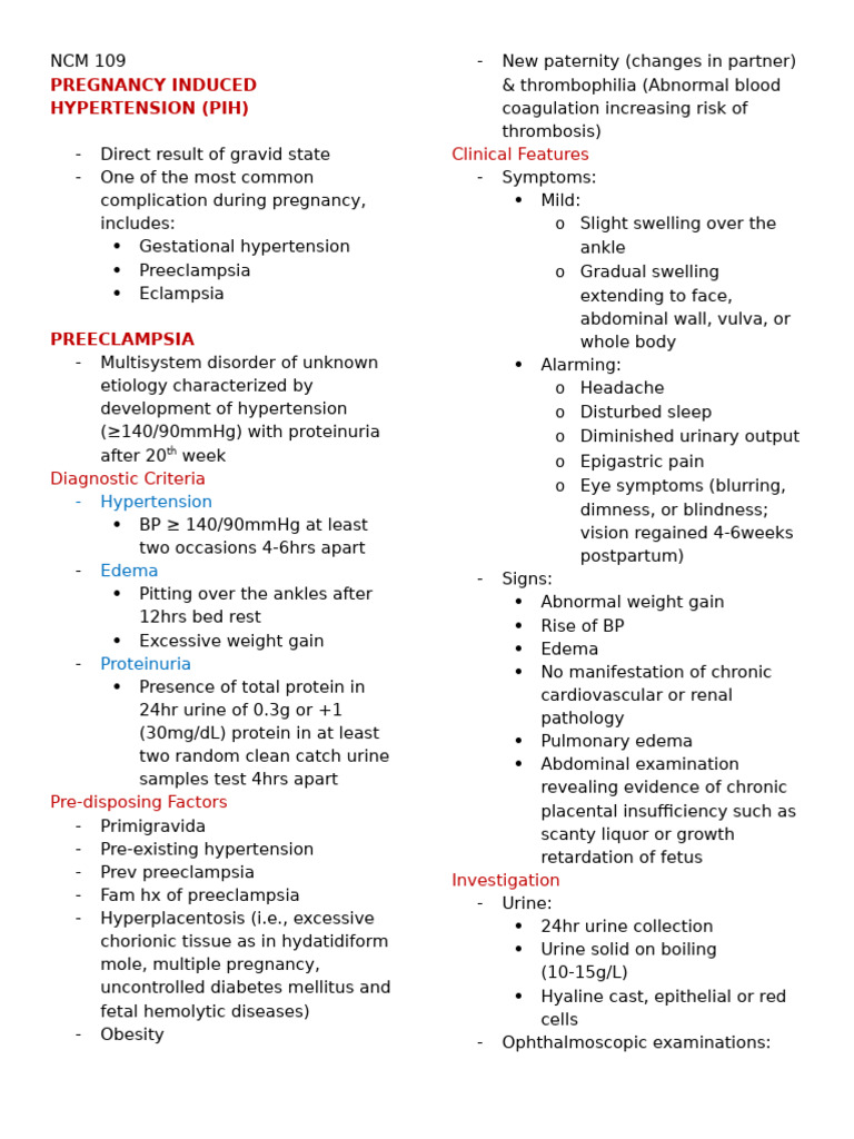 Pregnancy Induced Hypertension (PIH) Notes | PDF | Hypertension ...