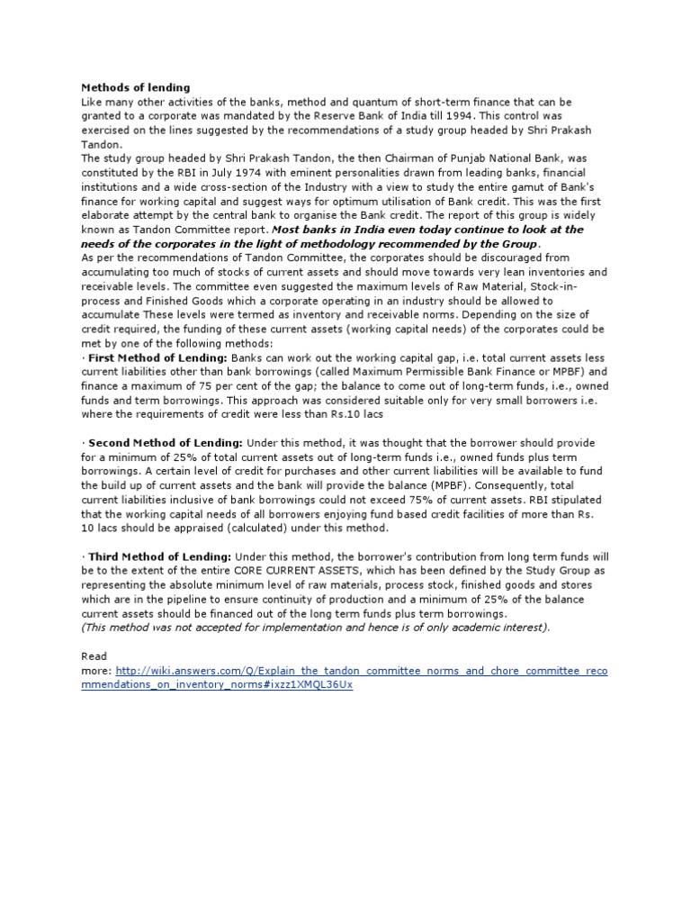 Methods of Lending | PDF | Credit (Finance) | Reserve Bank Of India