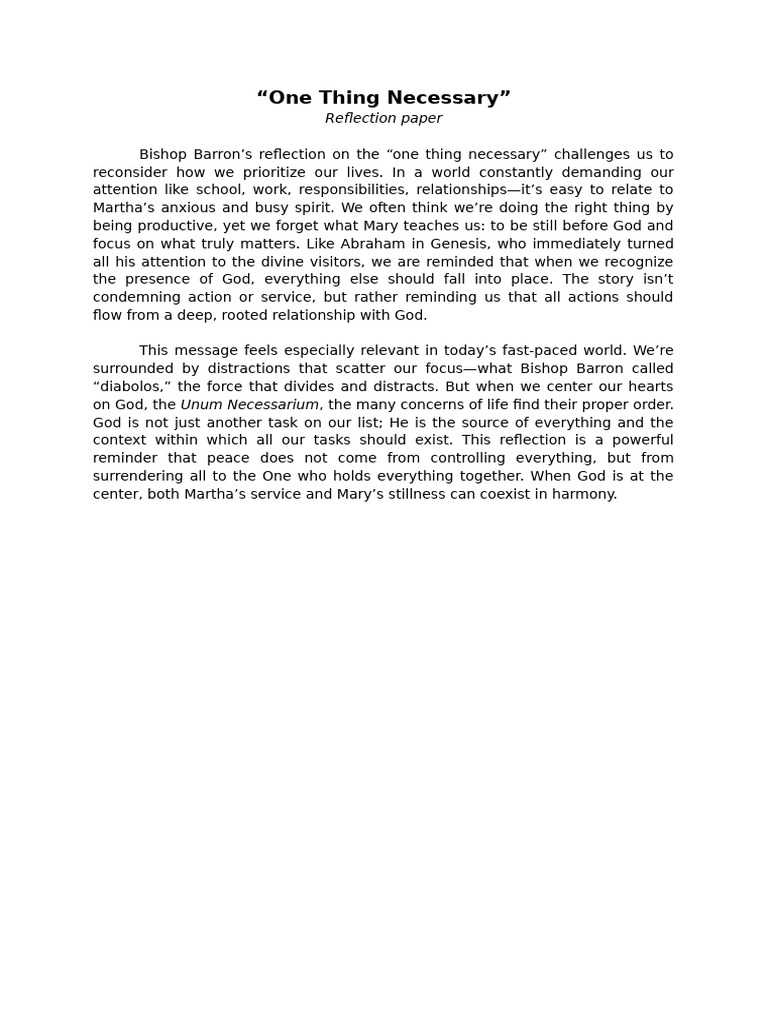 One Thing Necessary Reflection | PDF