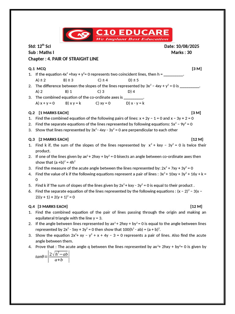 12th Sci Straight Line Paper | PDF | Elementary Mathematics | Euclid