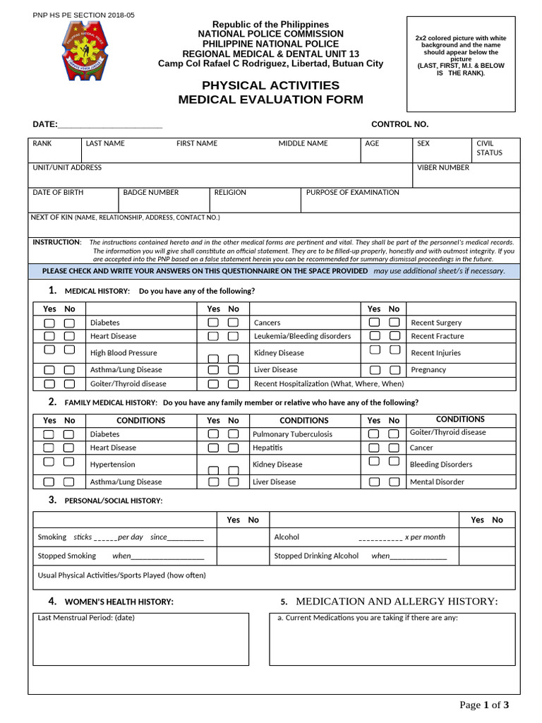 PNP Medical Evaluation Form 2018 | PDF | Body Mass Index | Obesity