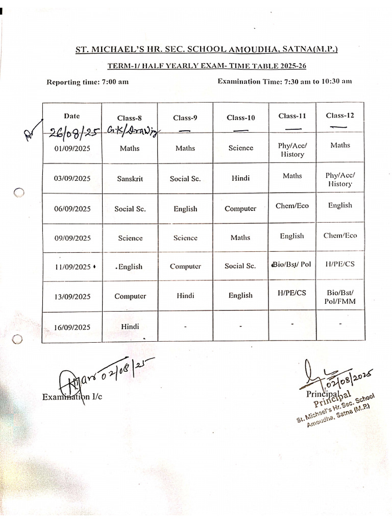 Half Yearly Time Table 2025-26 | PDF