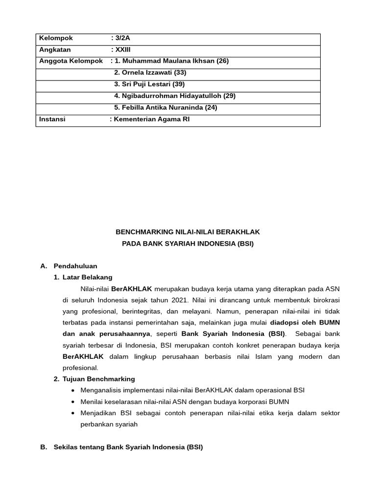 Benchmarking Nilai BerAKHLAK di BSI | PDF