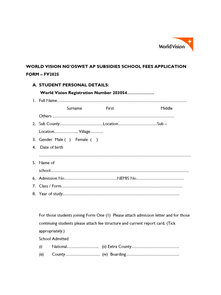 World Vision Ngoswet AP Subsidies School Fees Application Form | PDF