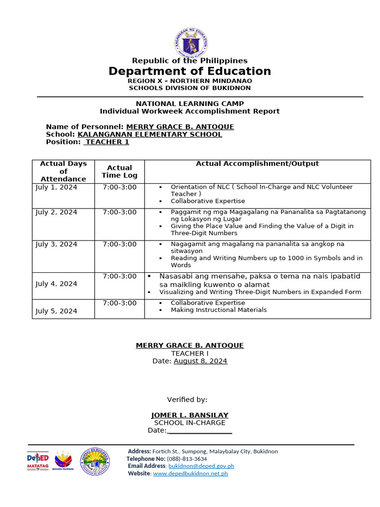 Individual Workweek Accomplishment Report - Antoque | PDF | Workweek And Weekend | Learning