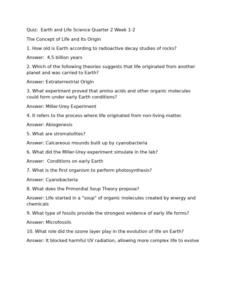 Earth Science Quiz: Life's Origins | PDF