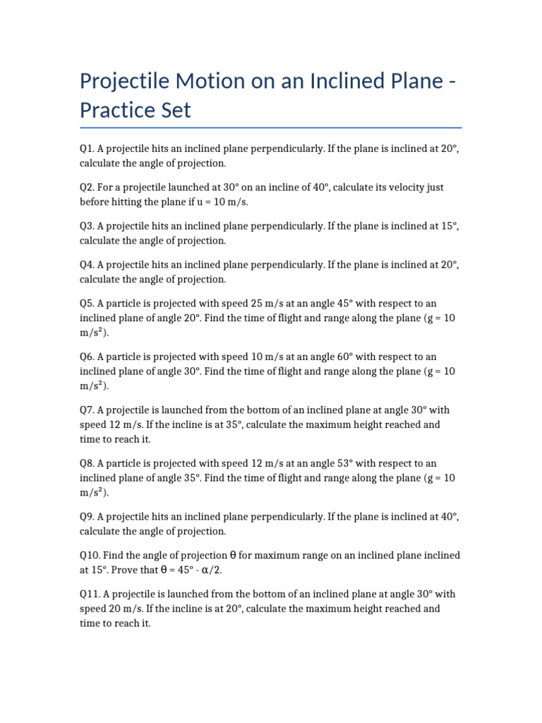 Inclined Plane Projectile Motion Questions | PDF | Projectiles | Angle