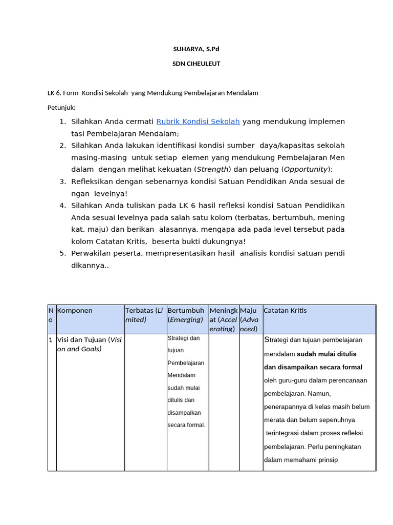 Form Kondisi Sekolah Pembelajaran Mendalam | PDF