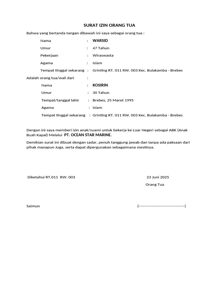 Surat Ini Ortu Istri Pt. Osm | PDF