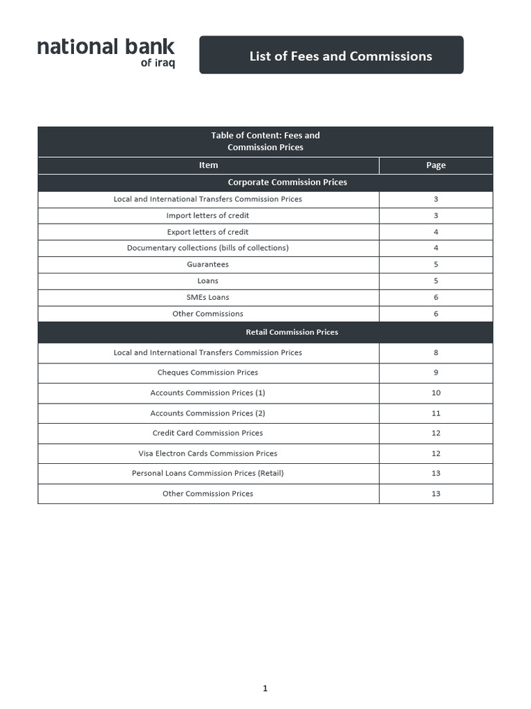 Fees and Commissions Overview | PDF | Cheque | Banks