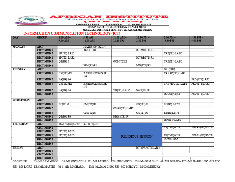ICT Regular Timetable Sept-Nov 2023 | PDF